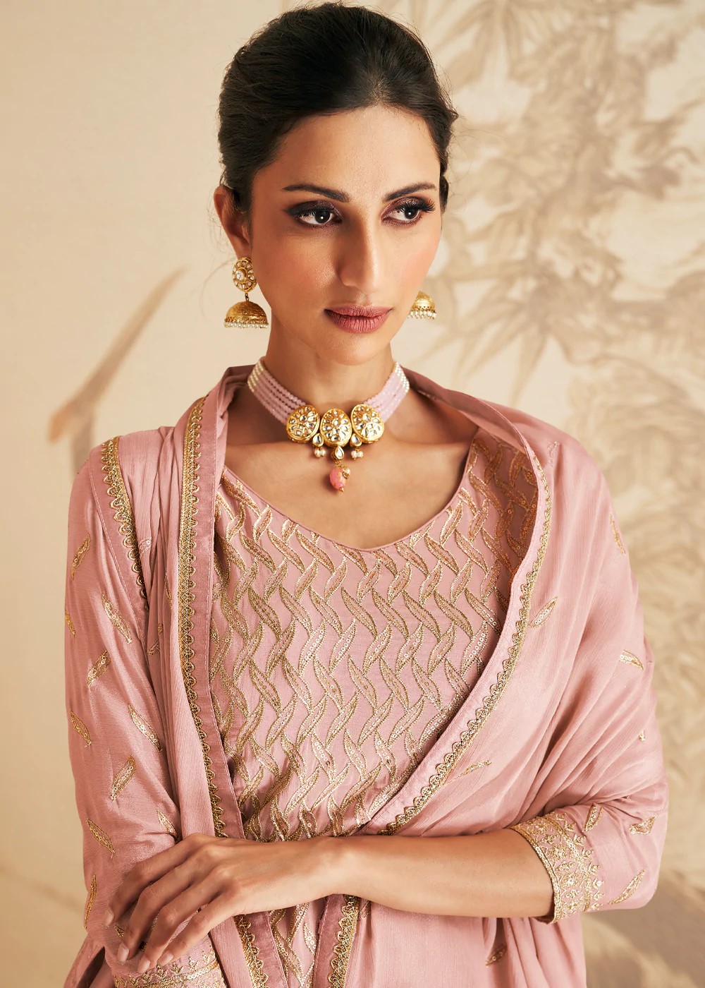 Dusty Pink Embroidered Georgette Sharara Suit - Urban Womania