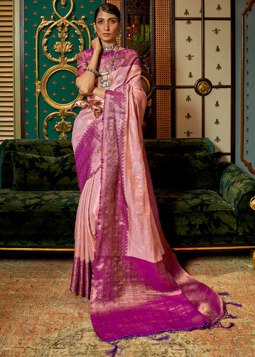 Pink & Purple Woven Banarasi Tussar Silk Saree - Urban Womania