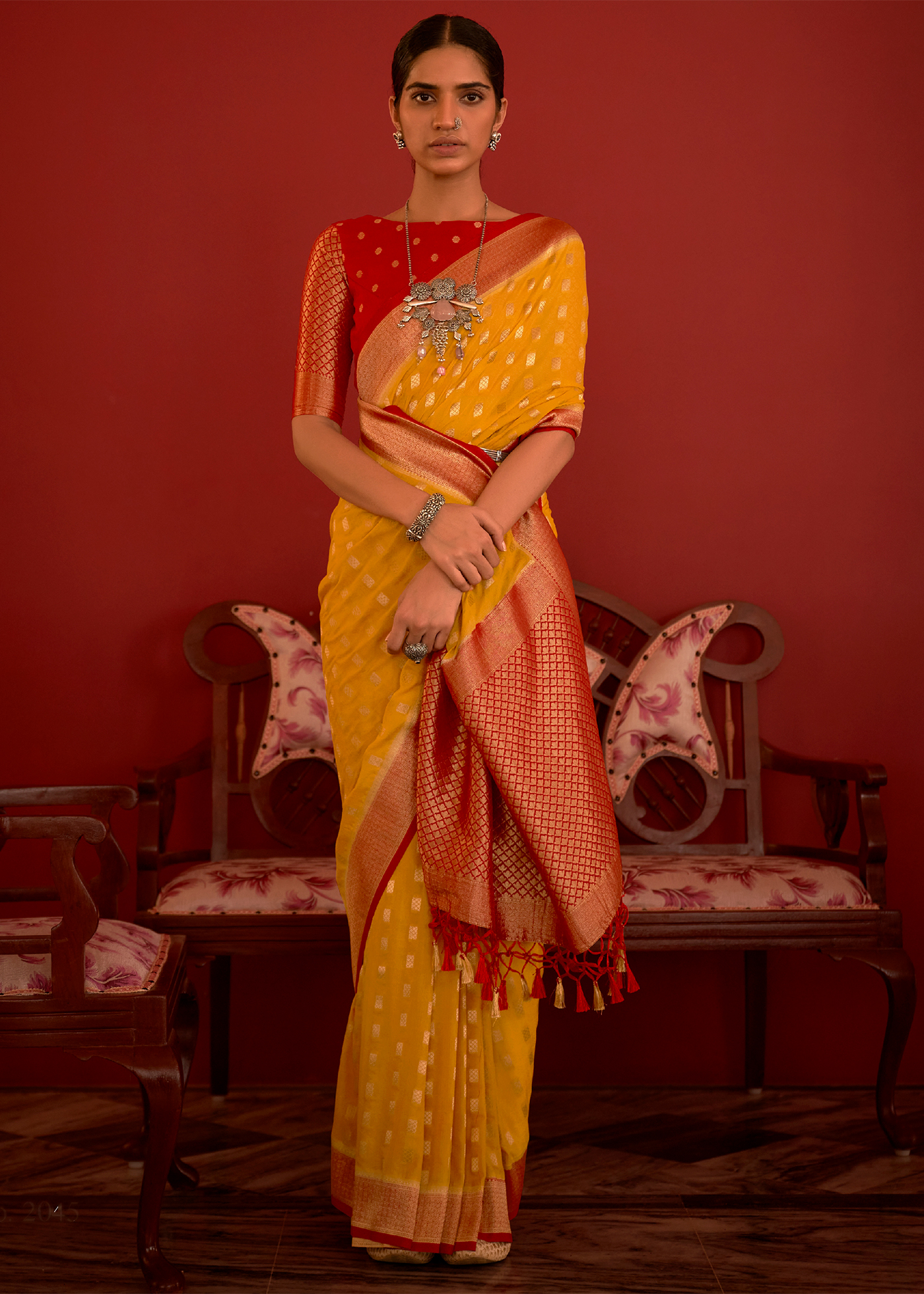 Saffron Yellow Embroidered Saree with Kacchi Work - Urban Womania