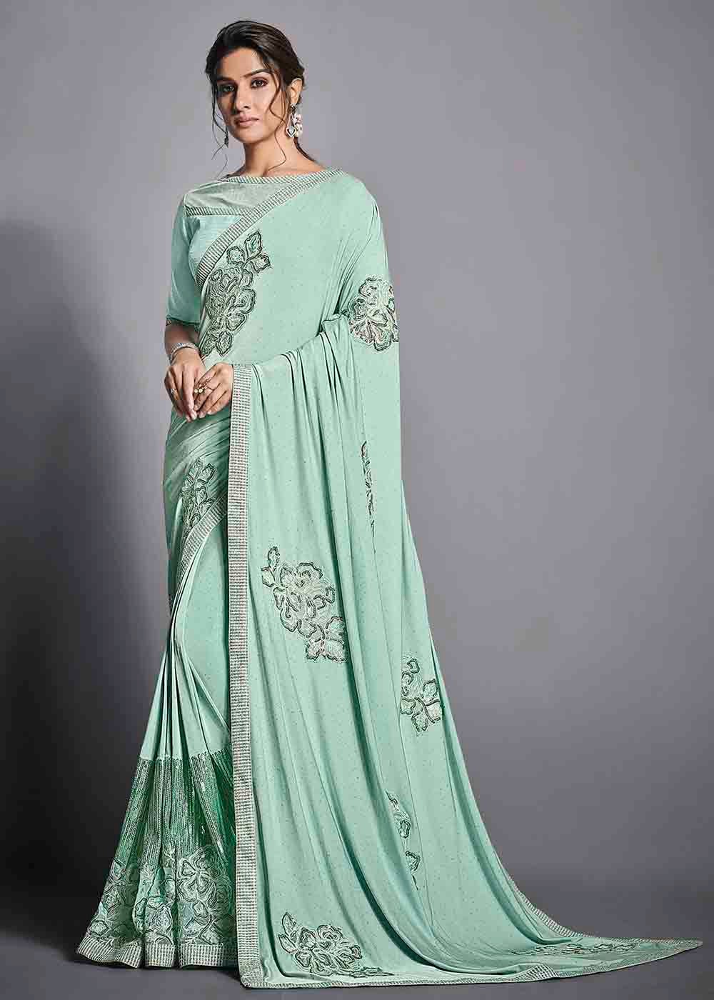 Seafoam Green Designer Lycra Saree With Embroidery Work - Urban Womania