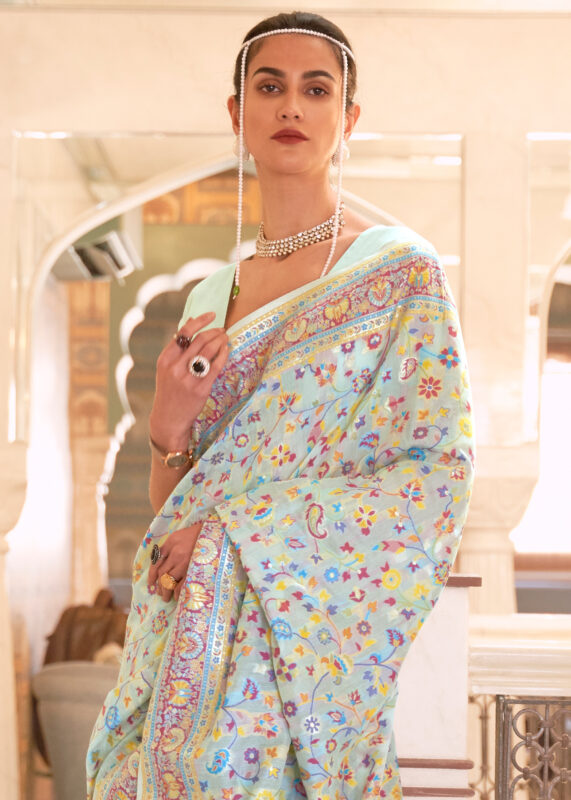 Alice Blue Kashmiri Jamawar Woven Silk Saree - Urban Womania