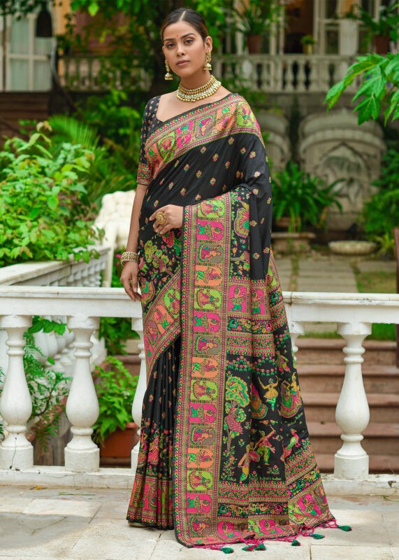 Black Kashmiri Jamawar Woven Silk Saree - Urban Womania