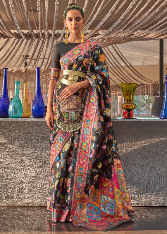 Classic Black Kashmiri Jamawar Woven Silk Saree - Urban Womania