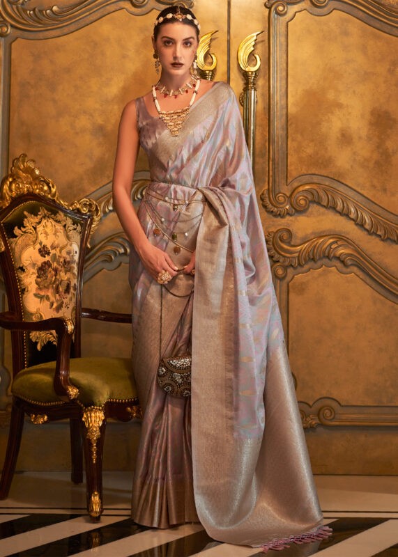 French Mauve Woven Banarasi Satin Silk Saree - Urban Womania