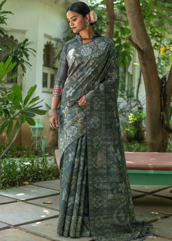 Iron Gray Woven Jamdani Tussar Silk Saree - Urban Womania