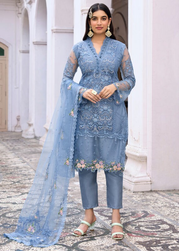 Light Steel Blue Embroidered Net Suit - Urban Womania