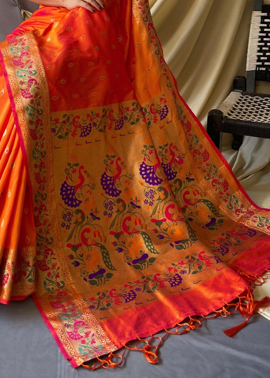 Orange Woven Paithani Silk Saree - Urban Womania