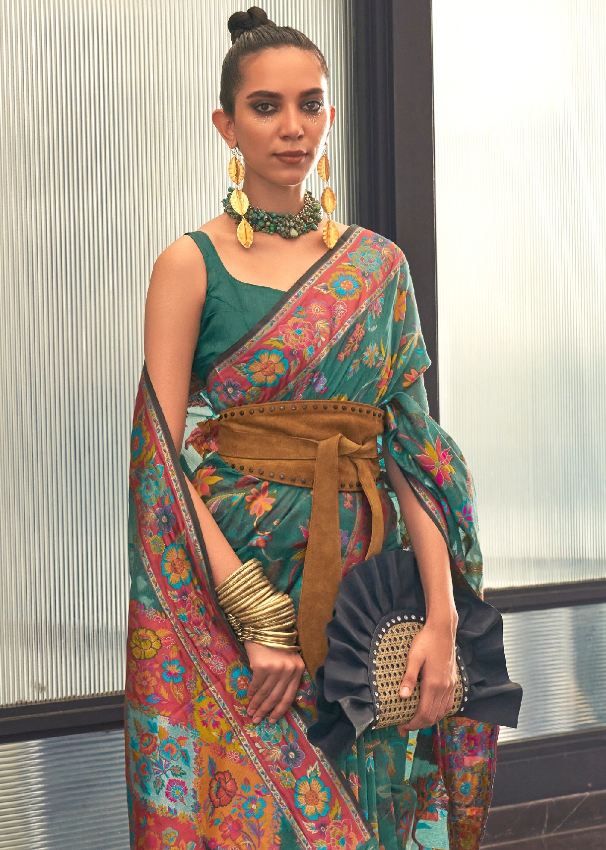 Pine Green Kashmiri Jamawar Woven Silk Saree - Urban Womania