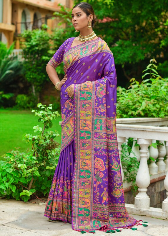 Purple Kashmiri Jamawar Woven Silk Saree - Urban Womania