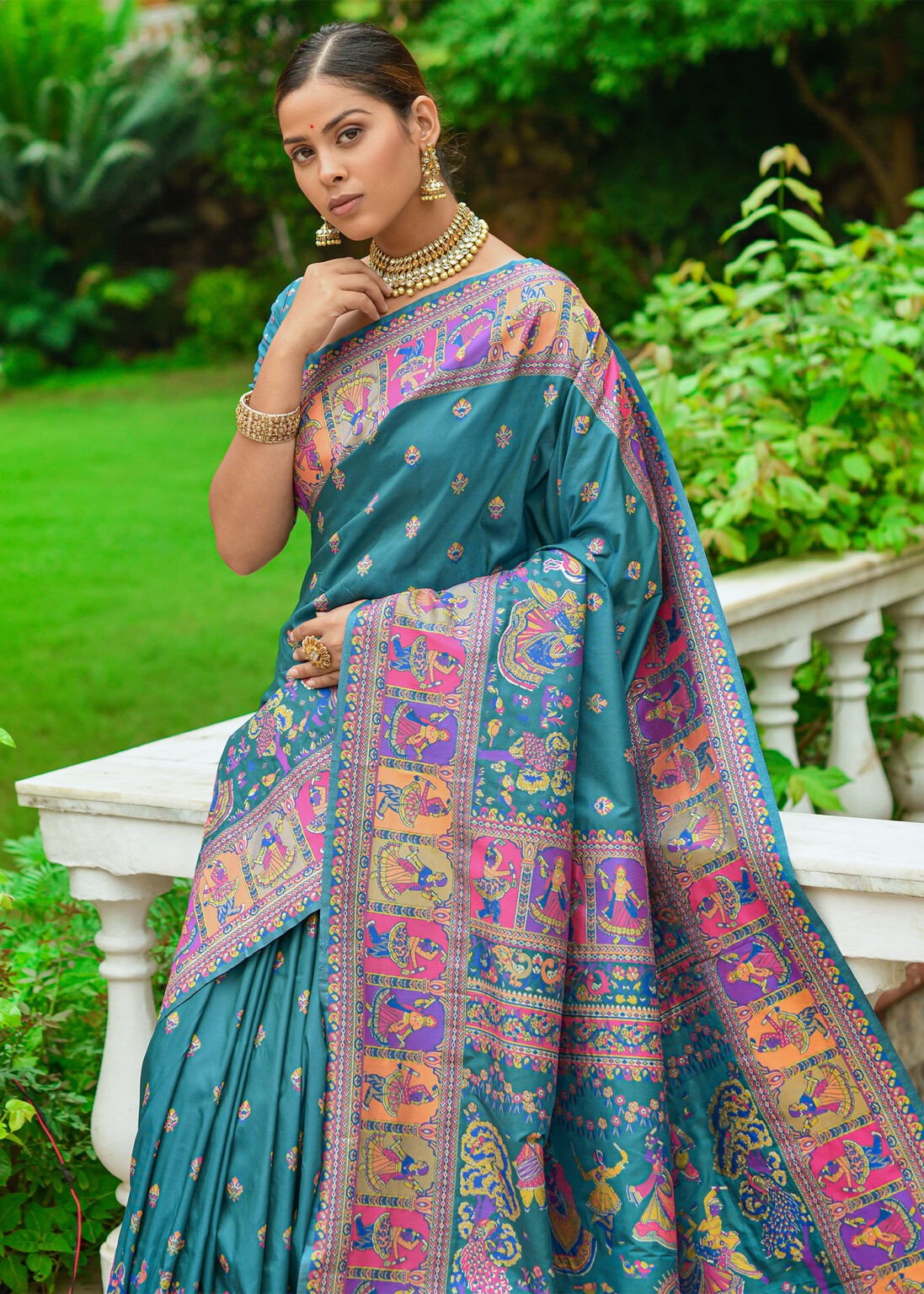 Rama Blue Kashmiri Jamawar Woven Silk Saree - Urban Womania