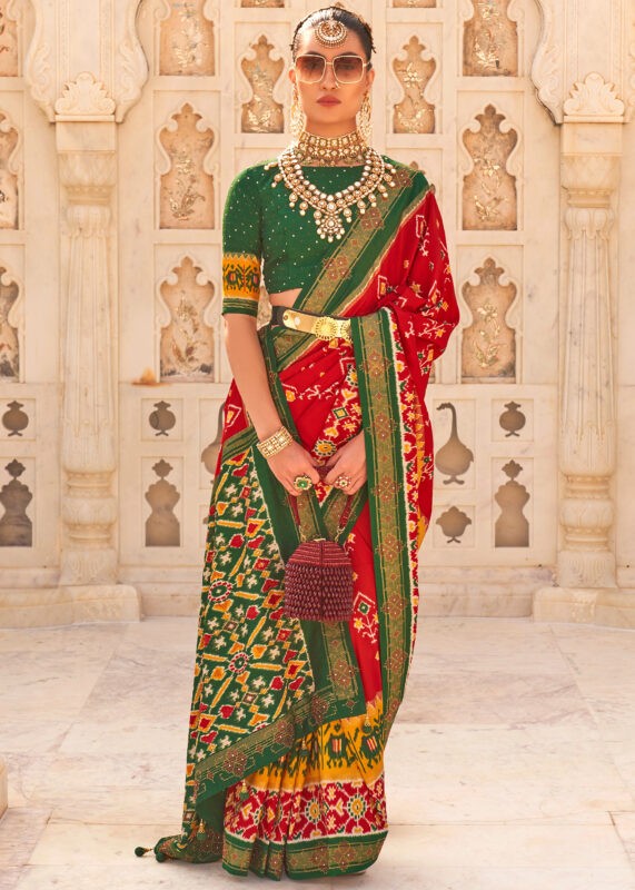 Red And Green Patola Silk Saree Urban Womania