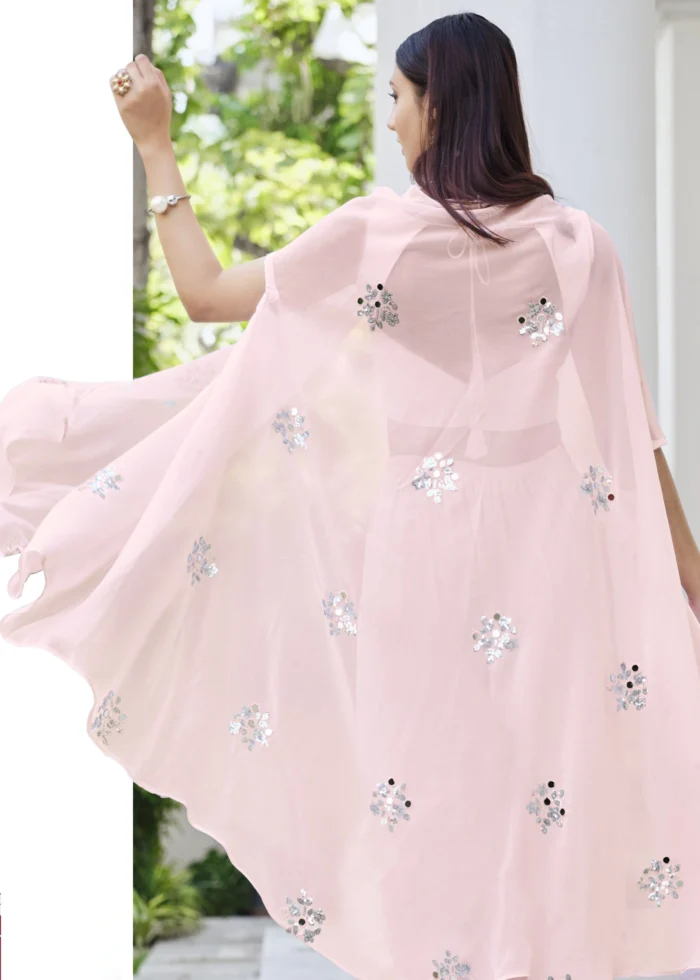 Pink Crop Top And Palazzo Set With Shrug Urban Womania