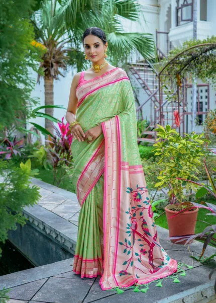 Pista Green Banarasi Dola Silk Saree - Urban Womania Pista Green Banarasi Dola Silk Saree - Urban Womania